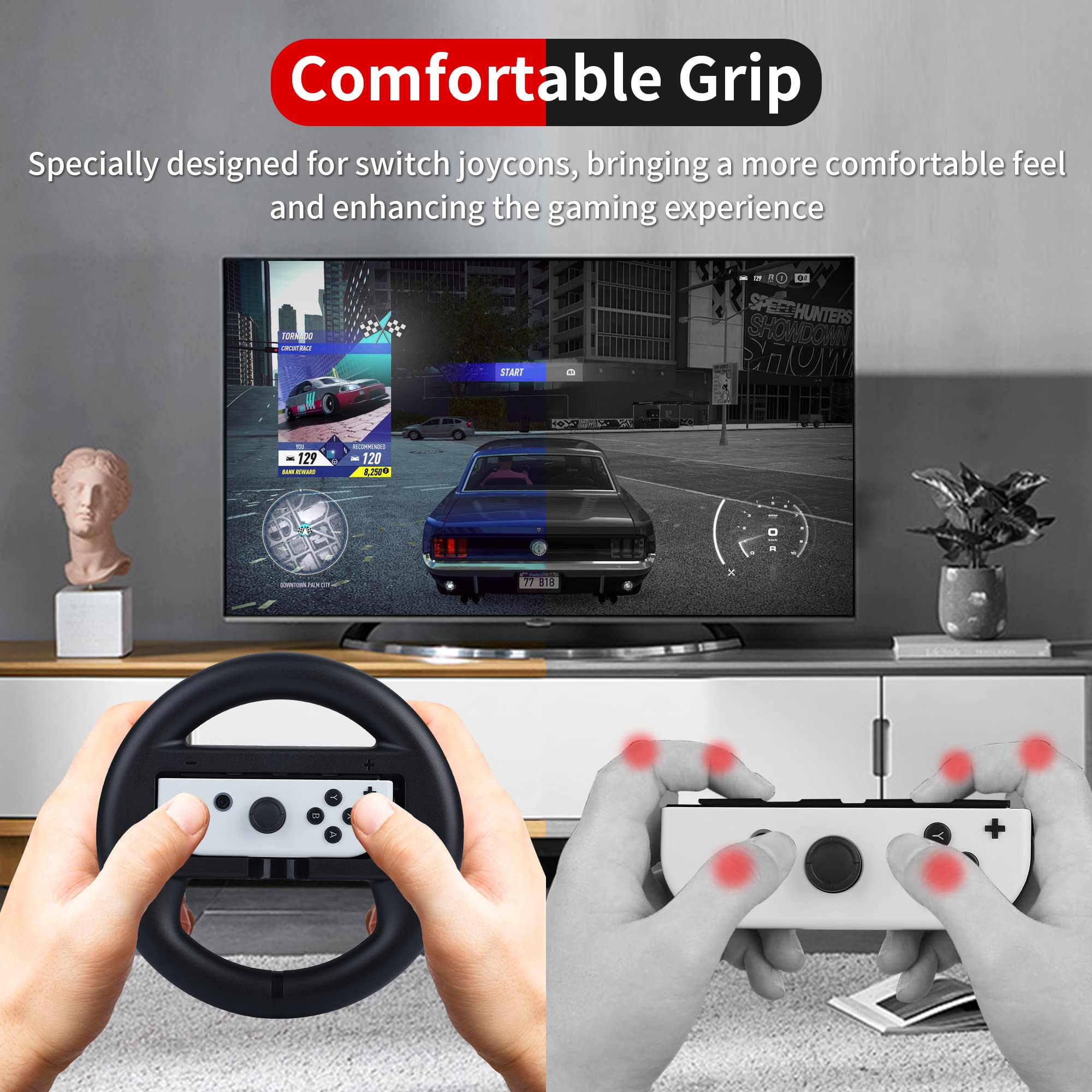 FANPL 2Pcs Steering Wheel for Nintendo Switch & Switch OLED Joy Cons, Racing Wheel Compatible with Mario Kart 8 Deluxe, Grip Accessories with 8 Thumb Caps, Enhance Racing Experience (Black & White)