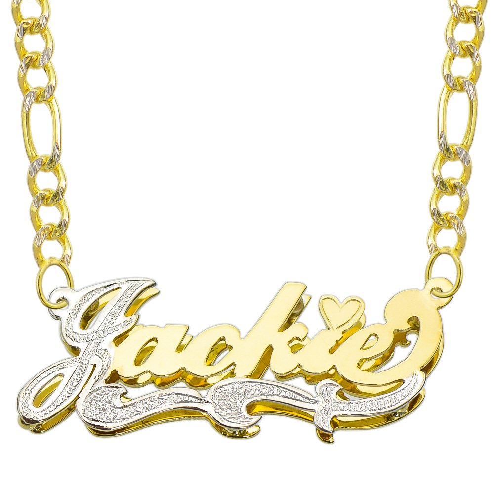 Win Jewelry 14K Two Tone Gold Personalized Double Plate 3D Name Necklace - Style 2 (20 Inches, White Pave Figaro Chain)