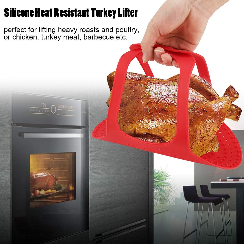 Heat Resistant Turkey Lifter, Poultry Lifter Turkey Roasting Sling, Oven Baking Mat Silicone Mat Non-Stick Cooker Sling, Multipurpose Cooking Accessory(Red)
