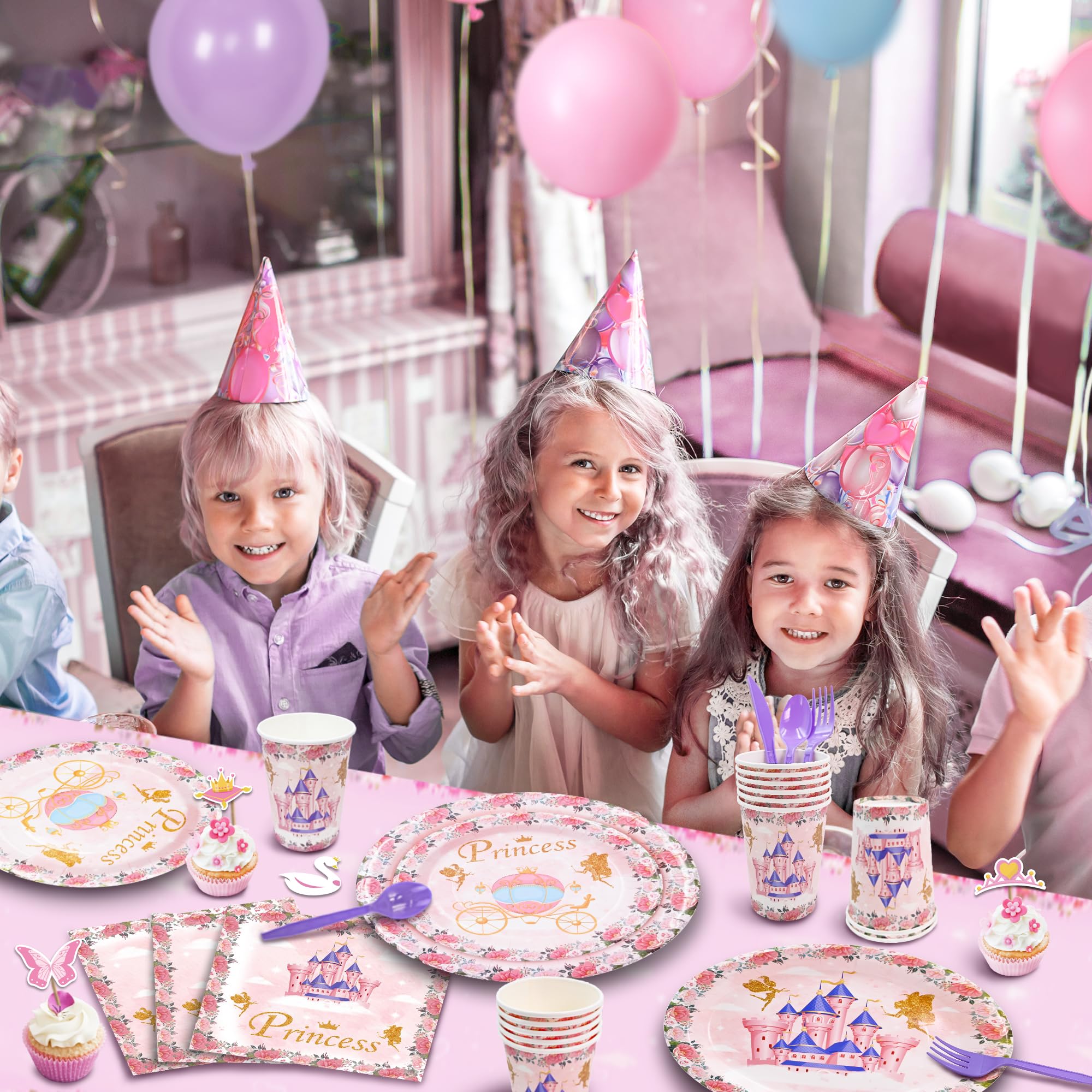 Party Spot! 208 PCS Princess Birthday Party Decorations For Girl, 12 Tableware Sets, Castle Balloons, Balloon Arch, Disposable Paper Plates, Backdrop, Balloon Pump, Princess Party Decorations