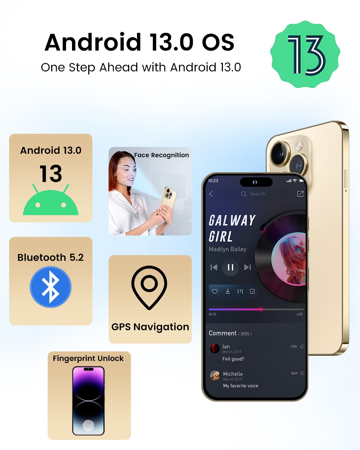 Echoamo A14 Pro Max Unlocked Smartphone, 5G Cell Phone 6GB+256GB Smartphone Android 13, 6000mAh Battery, 6.82" FHD+ Display 120Hz 64MP Camera, Dual SIM Octa-Core Phone GPS/Fingerprint/Face ID 5G Gold