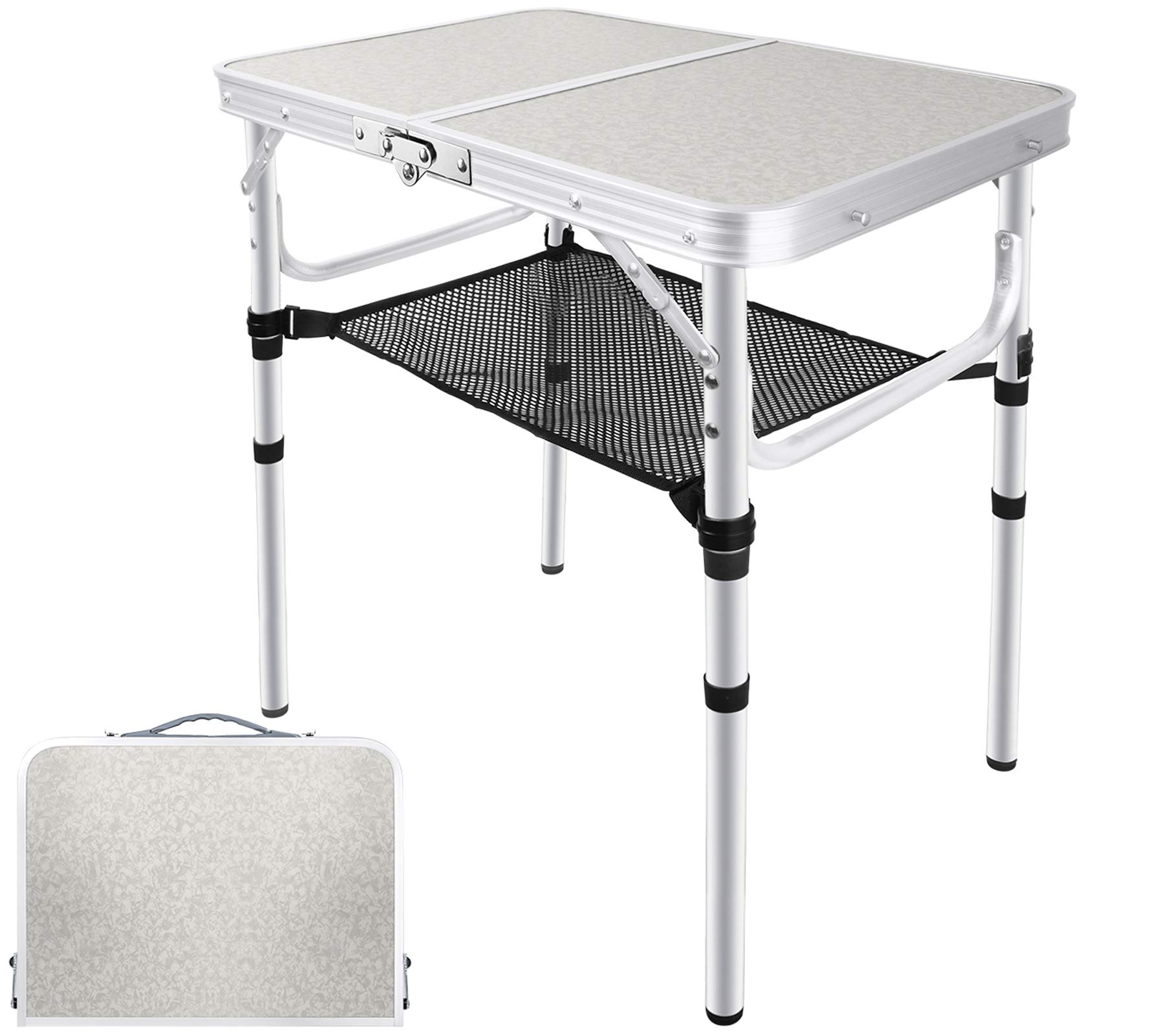 EXCELFU Small Folding Camping Table, Portable Adjustable Height Aluminum Camp Tables with Storage Mesh Lightweight Folding Table for Outdoor Indoor, Camp, Picnic, Cooking, Beach (3 Heights)