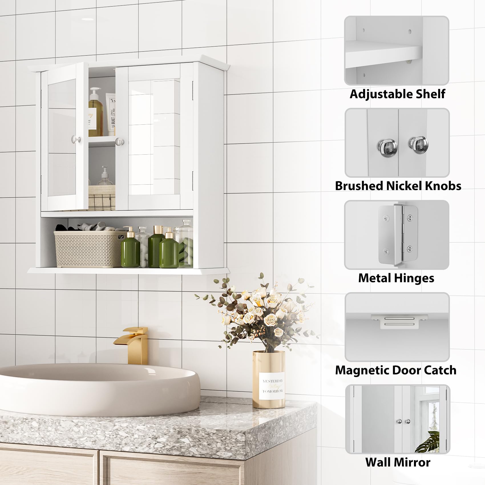 Mino Kesper Bathroom Wall Cabinet with Mirror, White Bathroom Cabinet with 2 Doors and Adjustable Shelf, Wall Mounted, 21.5" W x 7.8" D x 23.6" H
