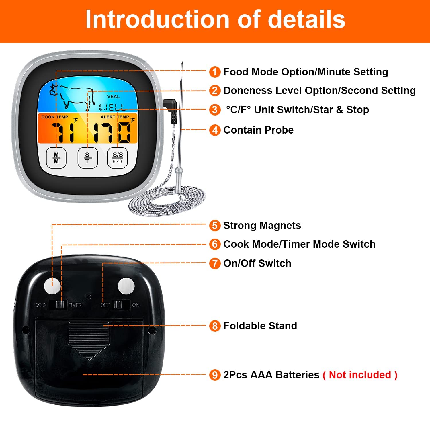 Instant Read Meat Thermometer Digital Thermometer, Professional Kitchen Cooking Thermometer for Grilling, Food Thermometer with Alarm Touch Screen IPX7 Waterproof Probe, Food Grade Material, 1 Pack