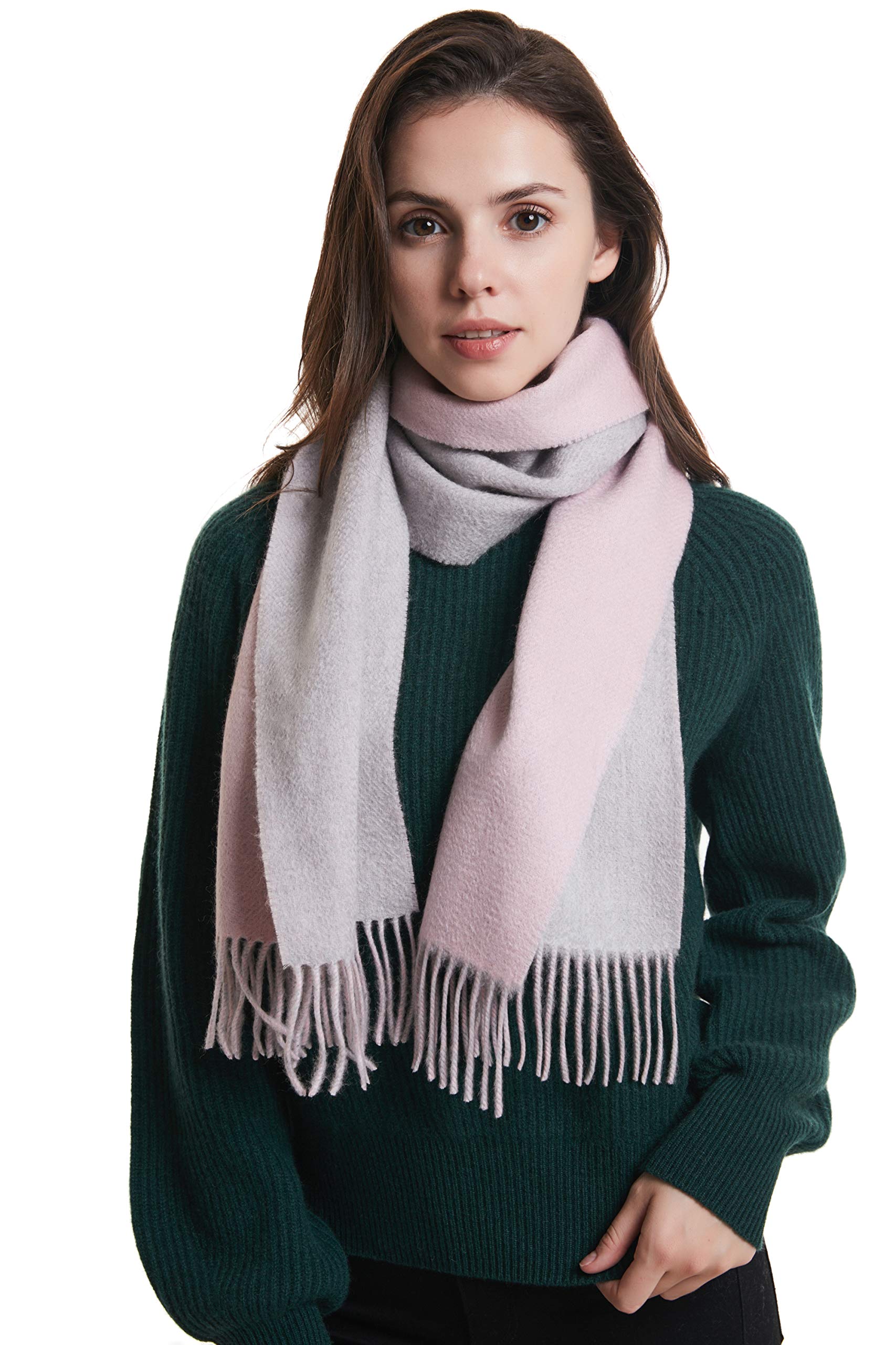 EURKEA 100% Cashmere 2023 Winter Collection, Women Fringed Edges Scarf, Gift Ready, Colors Available in Solid/Plaid/2-Tone, Pink and Light Grey, Free Size