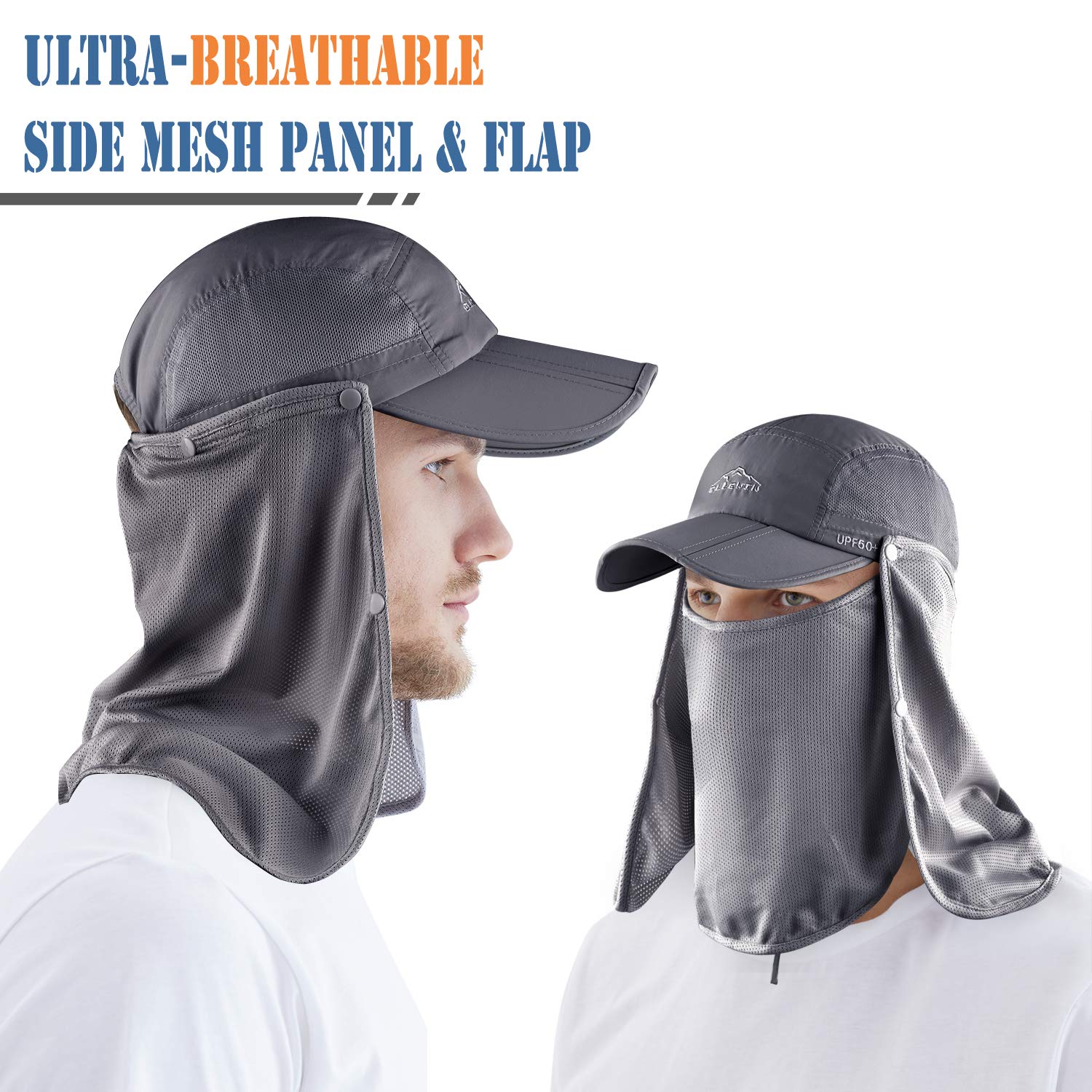ELLEWIN Outdoor Fishing Flap Hat UPF50 Sun Cap Removable Mesh Face Neck Cover, D-grey/ Mesh Neck Cover, M-L-XL