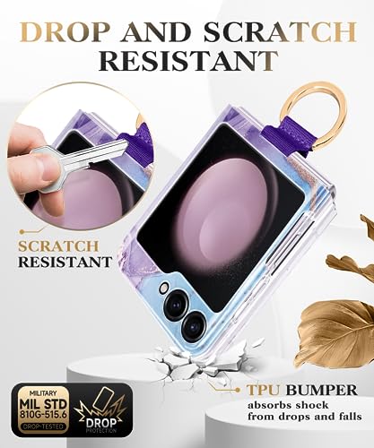 Vowodu Marble Case for Samsung Galaxy Z Flip 5 Case with Ring, [Precise Camera Protection]+[1*Screen Protector], Wireless Charging Anti-Scratch Shockproof Case for Z Flip 5 5G (Blue Purple)