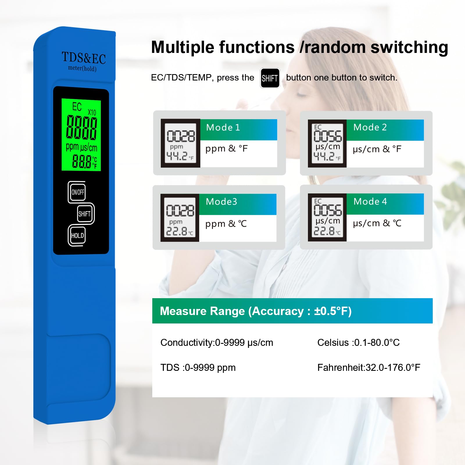 ๐๐จ๐ฌ๐ญ ๐๐๐๐ฎ๐ซ๐๐ญ๐ ๐๐จ ๐
๐๐ซ 4-in-1 Instant Read TDS Meter - Measures TDS, EC, & Temperature (ยฐC/ยฐF) - Digital Water Testing Kit for Tap, Well, Pool, Hydroponics, Aquarium, RO/DI System -Blue