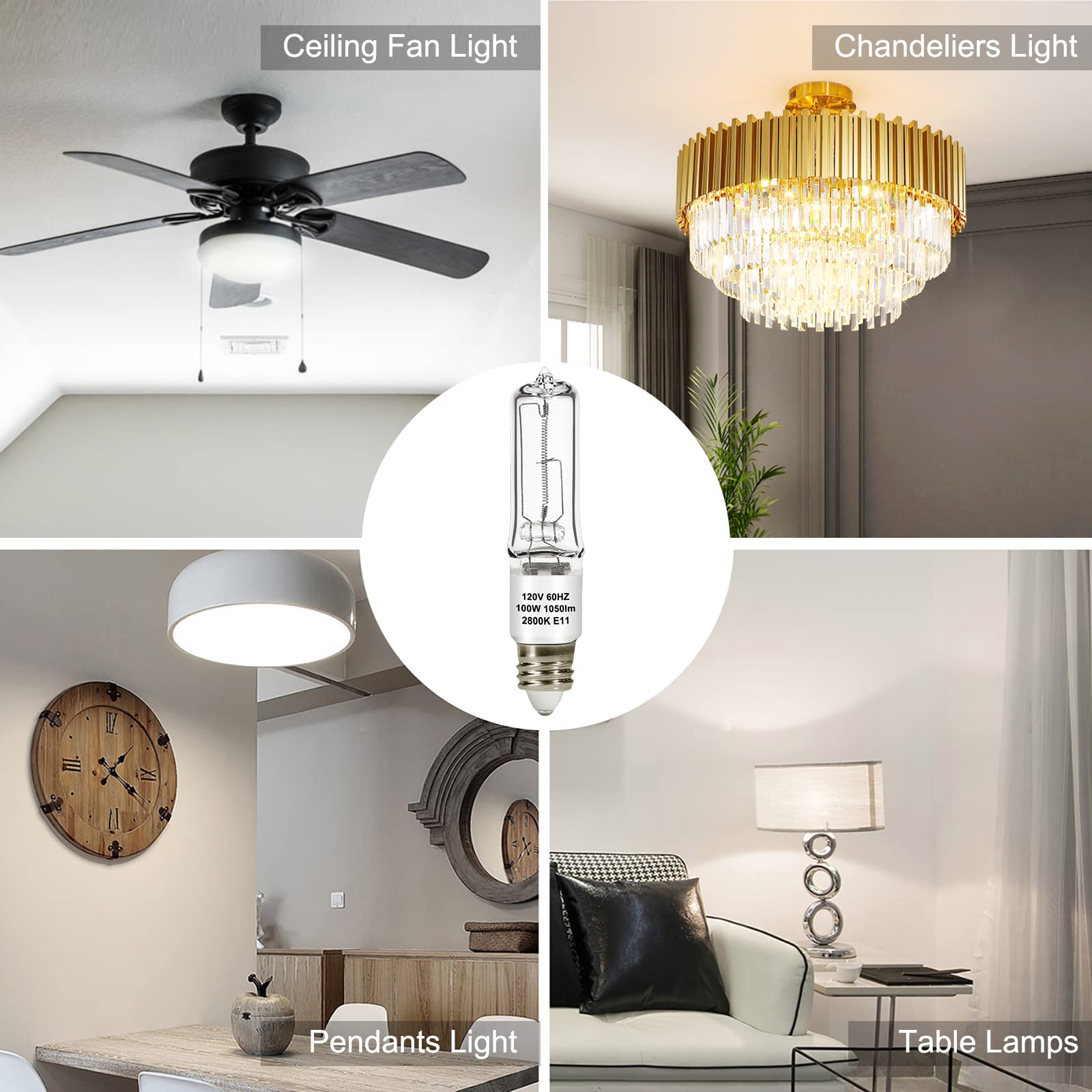 GMY 4 Pack JDE11 120V 100W Halogen Bulb T4 E11 Mini Candelabra Base Dimmable 2800K Warm White for Ceiling Fan, Chandeliers, Pendants, Table Lamps, Cabinet Lighting