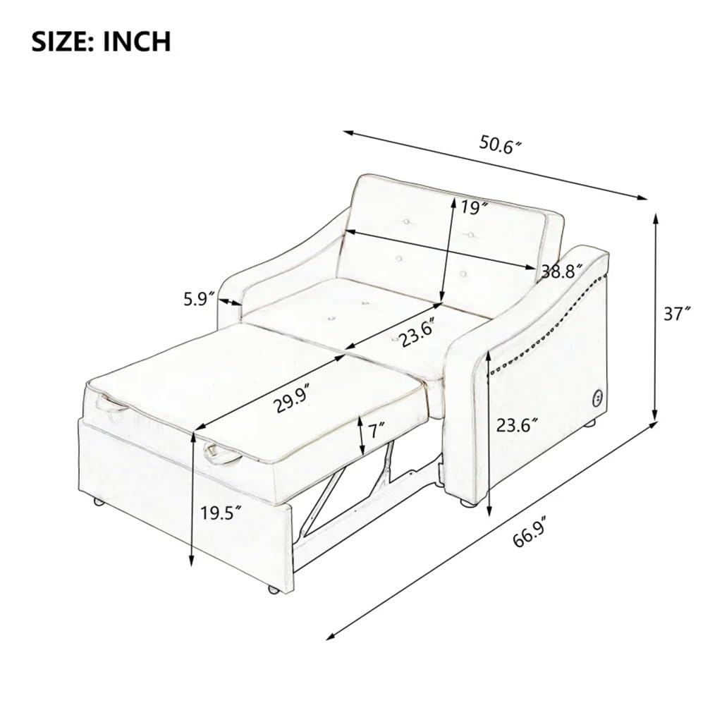 DOUBAO 50.6" Convertible Sleeper Bed, Adjustable Sofa Couch with Dual USB Portsa for Living Room Spacem