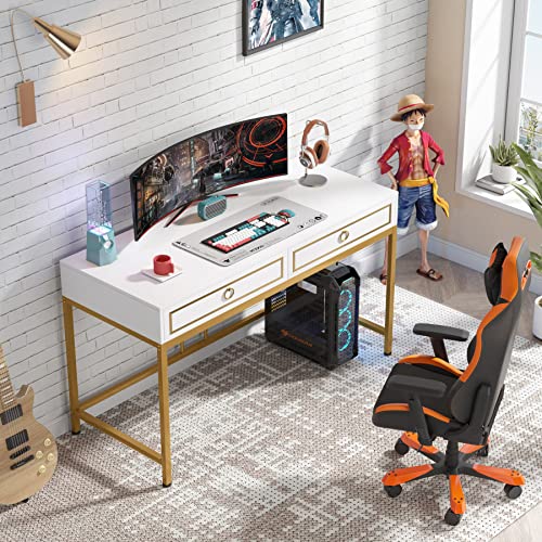 LITTLE TREE Drawers Computer Desk, 43.31β W x 21.65β D x 31.5βH, White and Gold