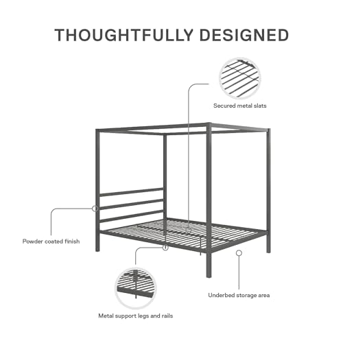 DHP Modern Metal Canopy Platform Bed with Minimalist Headboard and Four Poster Design, Underbed Storage Space, No Box Spring Needed, Queen, Gunmetal Gray