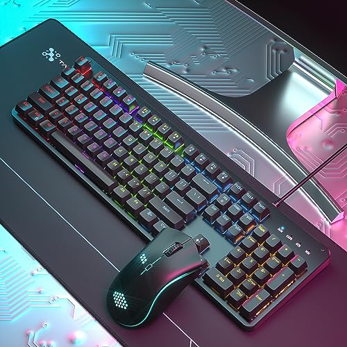 Mechanical Gaming Keyboard and Mouse Combo, 104 Keys Full Size RGB Backlit Blue Switch Keyboard, Ergonomic RGB Gaming Mouse with Mouse Pad, Anti-Ghosting Wired Keyboard for Windows PC Laptop Mac Gamer