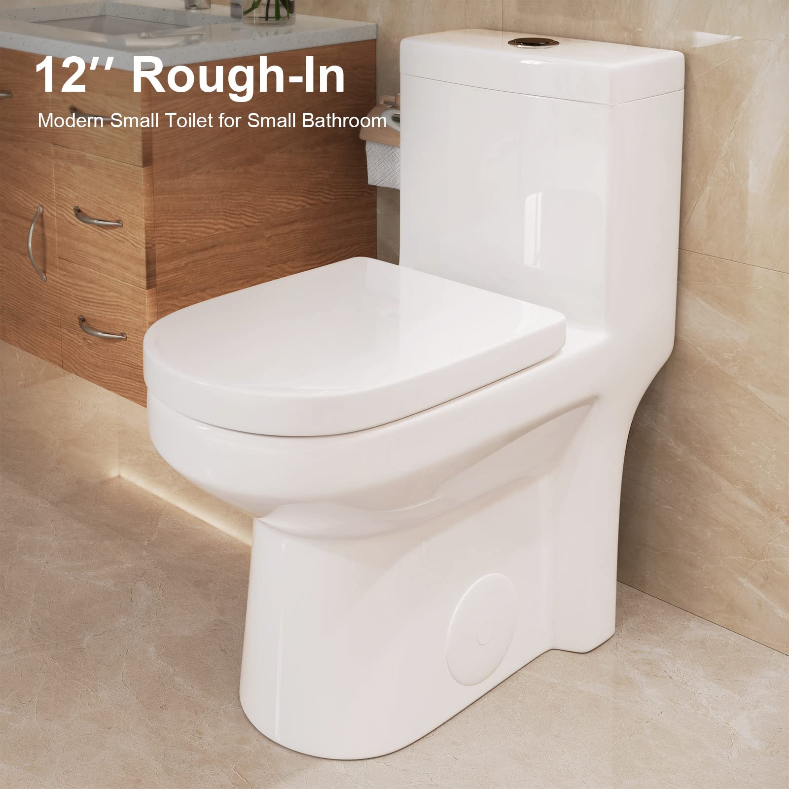 HOROW HWMT-8733 Small Compact One Piece Toilet For Bathroom, Powerful & Quiet Dual Flush Modern Toilet, 12'' Rough-In Toilet & Soft Closing Seat Include, 25"D x 13.4"W x 28.4"H, White