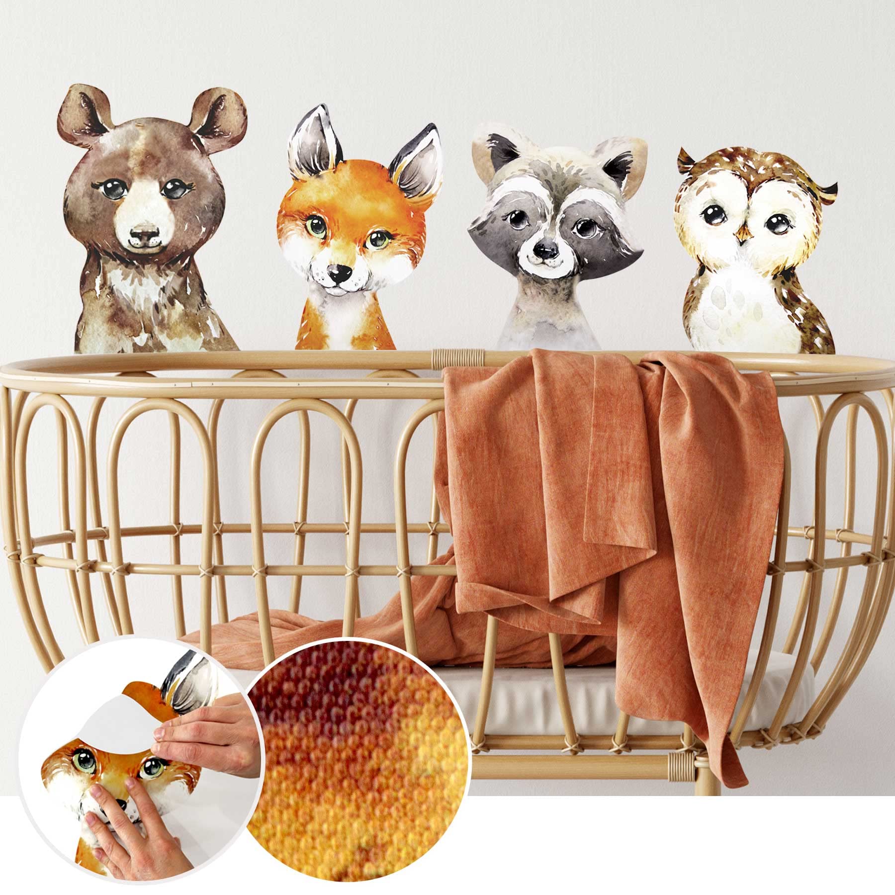 Woodland Wall Decal, Fabric Watercolor Baby Animal Wall Stickers, Nursery Decor, Set of 4, Bear, Fox, Raccoon, Owl. Newborns, Boys, Girls, Kids