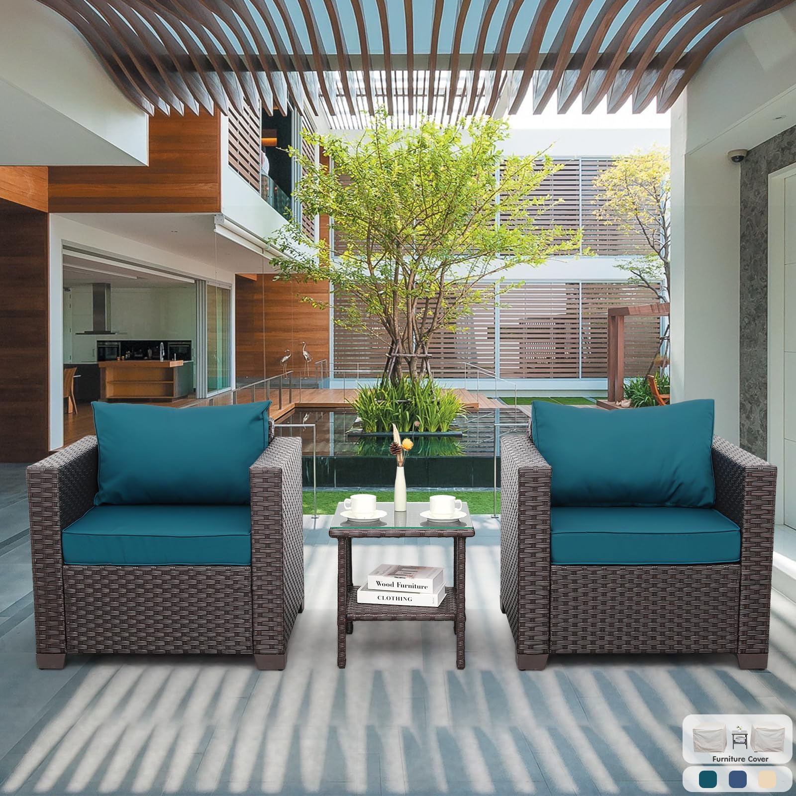 Patio Furniture 3 Piece Patio Set Patio Conversation Sets Outdoor Chairs and Glass Side Table Balcony Furniture with Non-Slip Cushions and Waterproof Covers, Peacock Blue