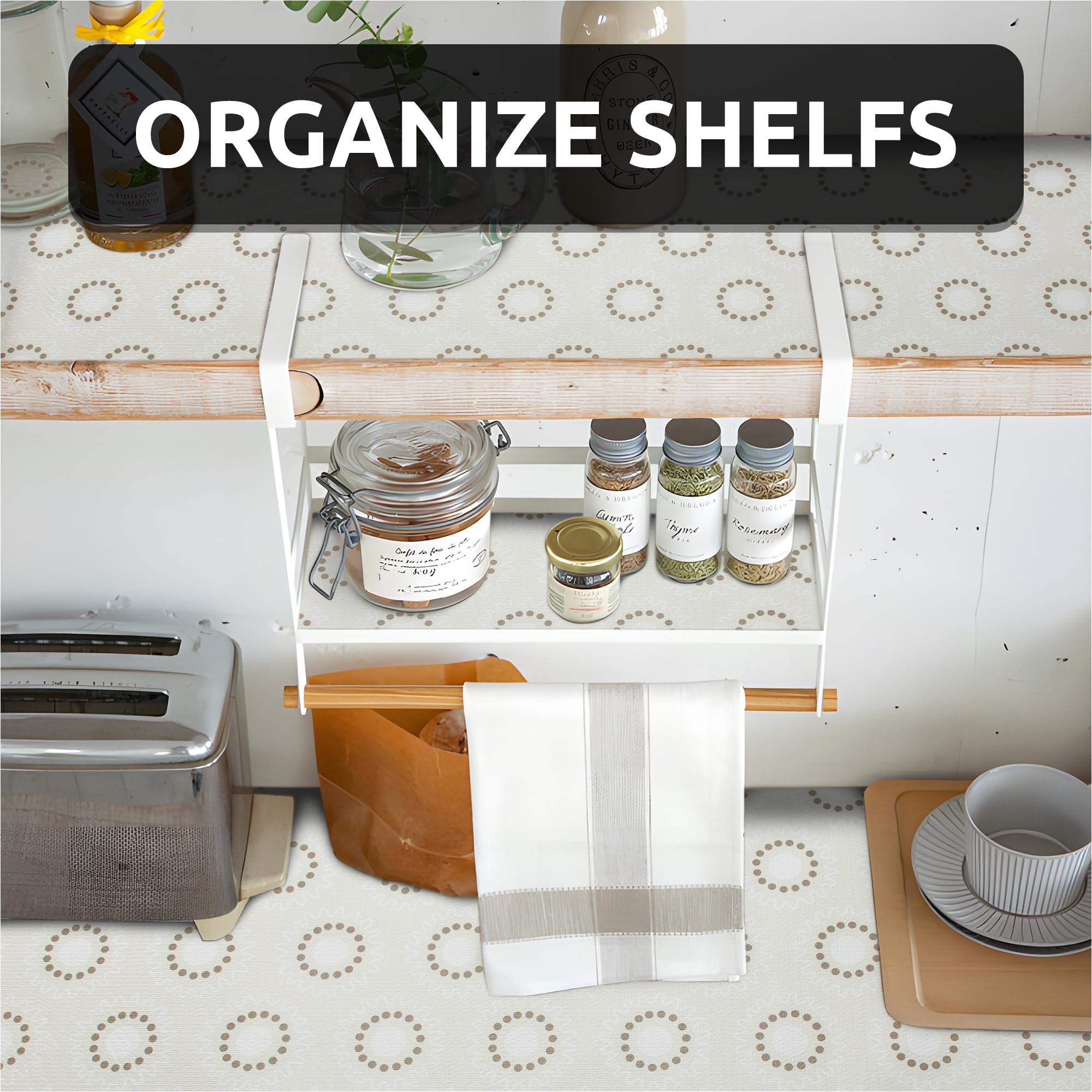 FIFTY FEET 12X120 Inch Shelf Liner for Kitchen Cabinets, PVC Drawer Liner for Dresser Non-Slip Bathroom, Non-Adhesive Cabinet Liner Washable (Beige Circle)(1 Roll)