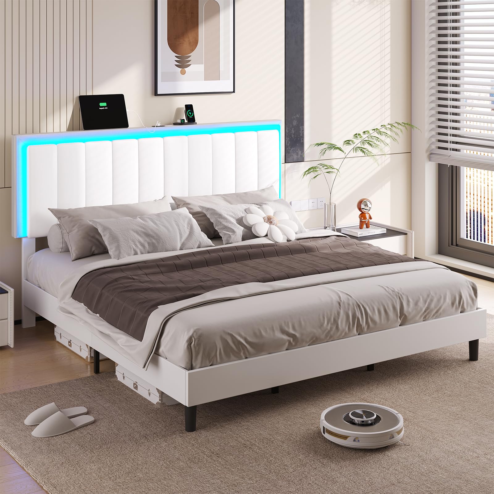 DICTAC Bed Frame King Size with Led Lights and USB Ports Modern King Size Upholstered Platform Bed Frame with Adjustable Headboard Faux Leather Led King Bed Frame,No Noise,No Box Spring Needed, Black