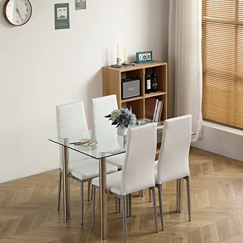 Karl home Modern Tempered Glass Dining Table, Kitchen & Dining Room Glass Tables with 4 Heavy-Duty Metal Legs, 200lbs Capacity, 43.3" L x 27.6" W x 28.9" H (Glass)
