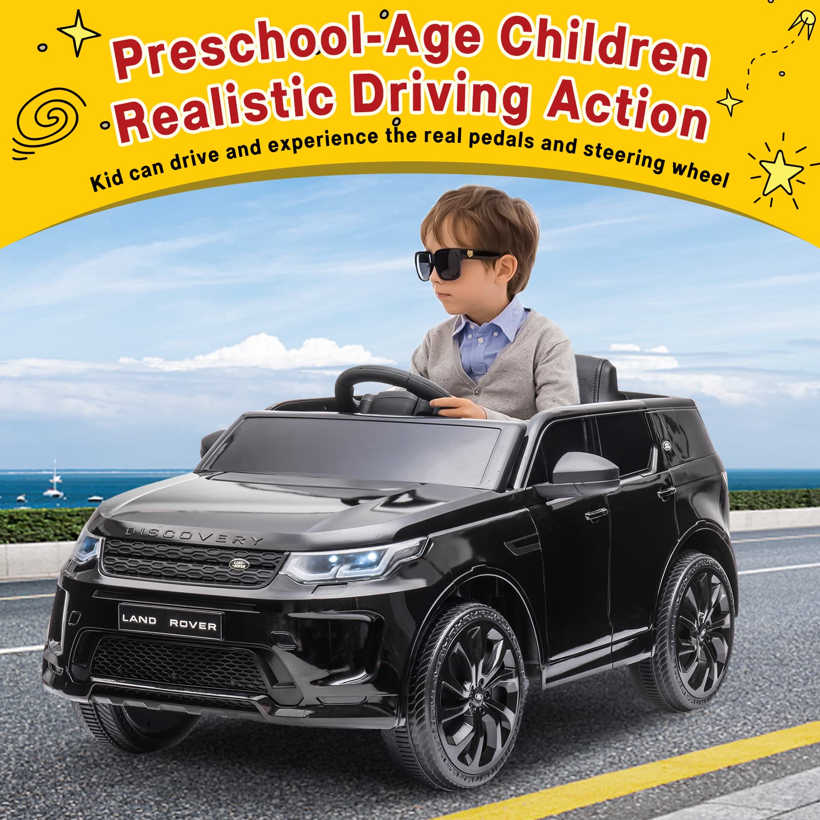 Hetoy Ride on Car for Kids 12V Power Battery Electric Vehicles Licensed Land Rover Ride On Truck w/Parent Remote Control, MP3 Player, Rocking, Pull Rod (Black)