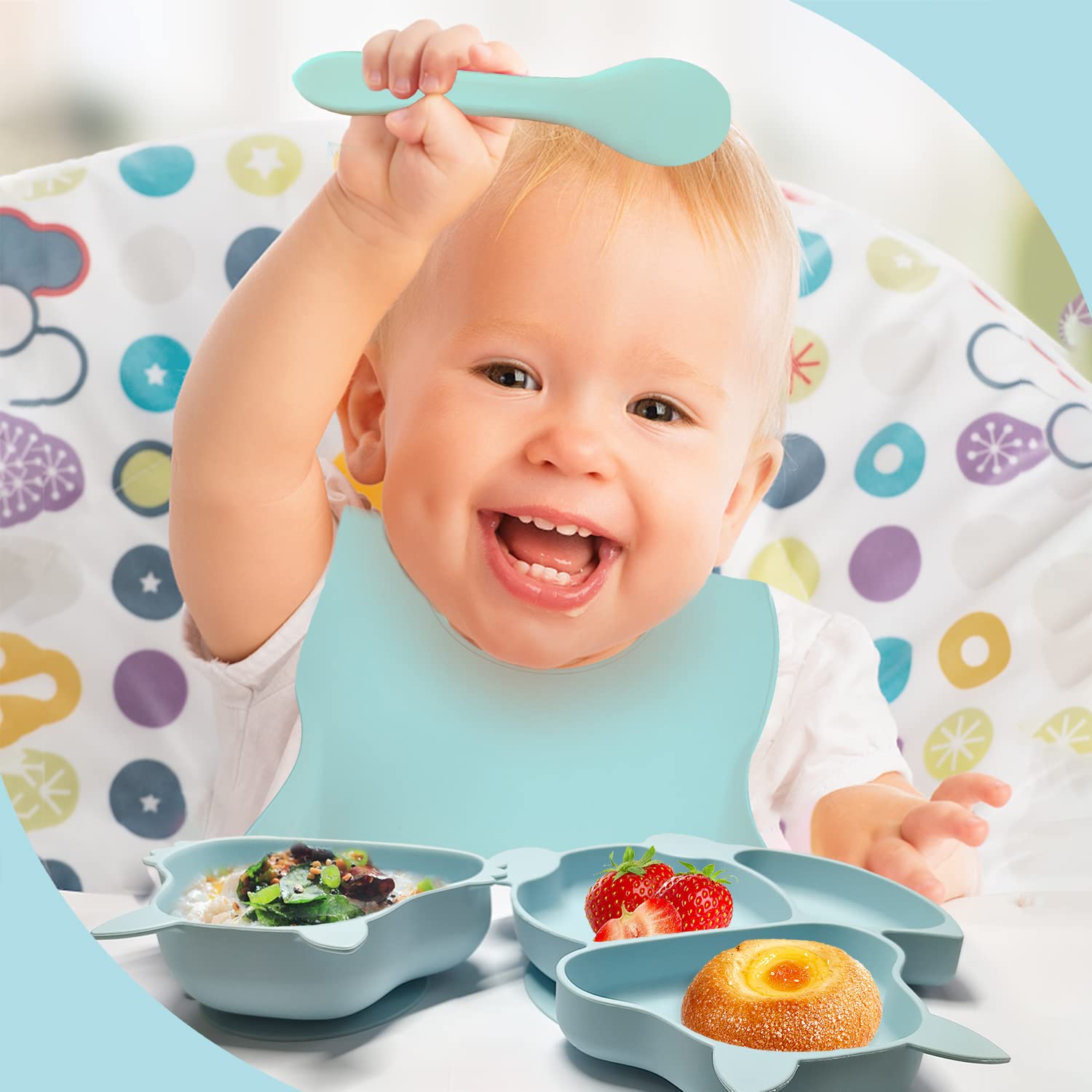 Langmeil 8 Pcs Silicone Baby Feeding Set, Baby Led Weaning Supplies, Cute Squirrel, Silicone Suction Bowl Divided Plate Adjustable Bib Soft Silicone Spoon Fork Cup, Baby Self Feeding Utensils(Blue)