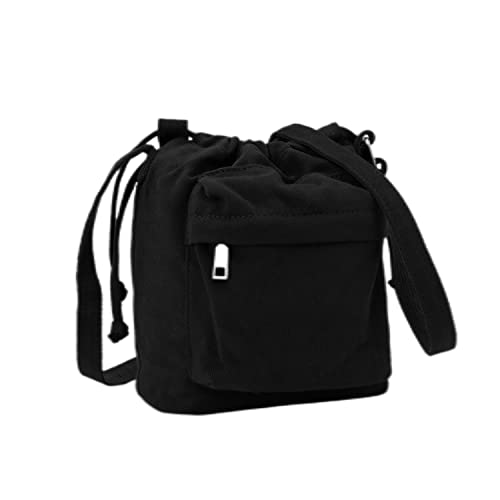 Emprier Women's Small Bucket Bags and Purse Small Canvas Tote Handbag Drawstring Hobo and Shoulder Handbags Black