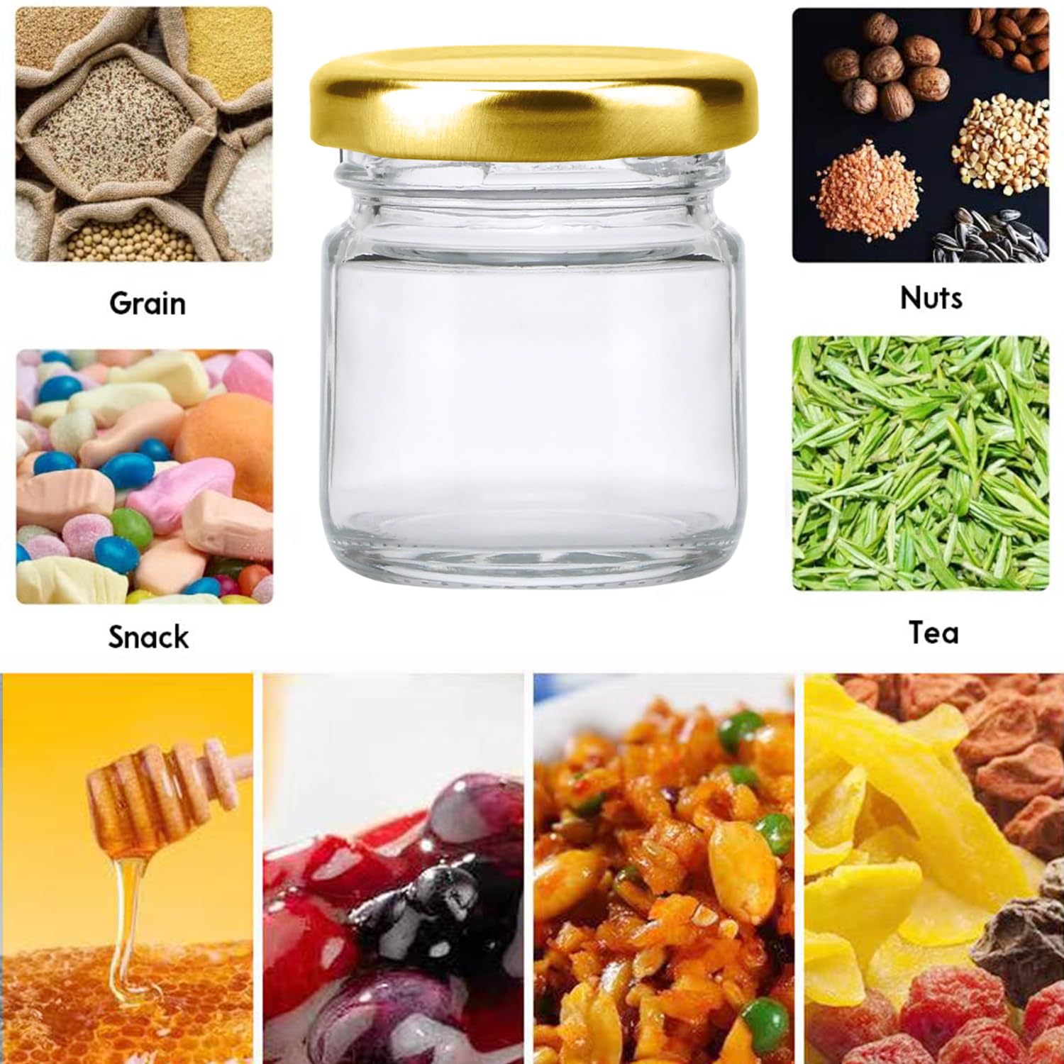 Encheng 1.5oz Mini Glass Jars Bulk Set of 70,Round Small 45ml Honey Jars with Golden Lids,Clear Mini Storage Canning Jar for Candle Making,Spice,Jelly,Jam,Wedding,Party Favor