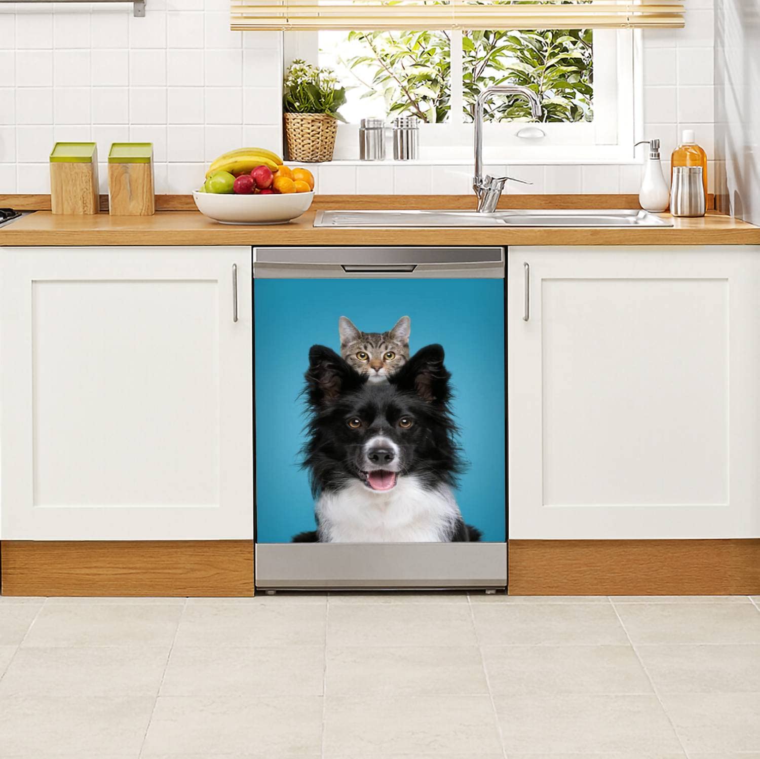 Dishwasher Magnet Sticker Border Collie Dog Portrait with a Hiding cat Behind Magnetic Refrigerator Sticker Appliance Covers Home Kitchen Decor for Fridge Metal Door Garage 23x26in