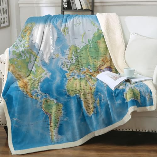 Sleepwish Map Fleece Blanket Blue Throw Blanket Soft Kids Throw Blanket Thick Plush Blanket Vivid 3D Print Map of The World Sherpa Blankets for Teens Kids Boys Girls 50x60 Inches