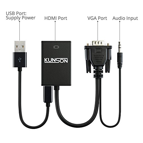 KUNSON VGA to HDMI Audio USB Conversion Cable, Slim Design, No Power Adapter Required, Supports Plug and Play, Suitable for Most Electronic Devices