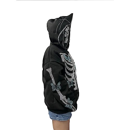Karwuiio Women Rhinestone Full Zip Up Hoodies Spider Skeleton Print Sweatshirt Y2k Gothic Oversized Jackets (Black-B, XXXL)