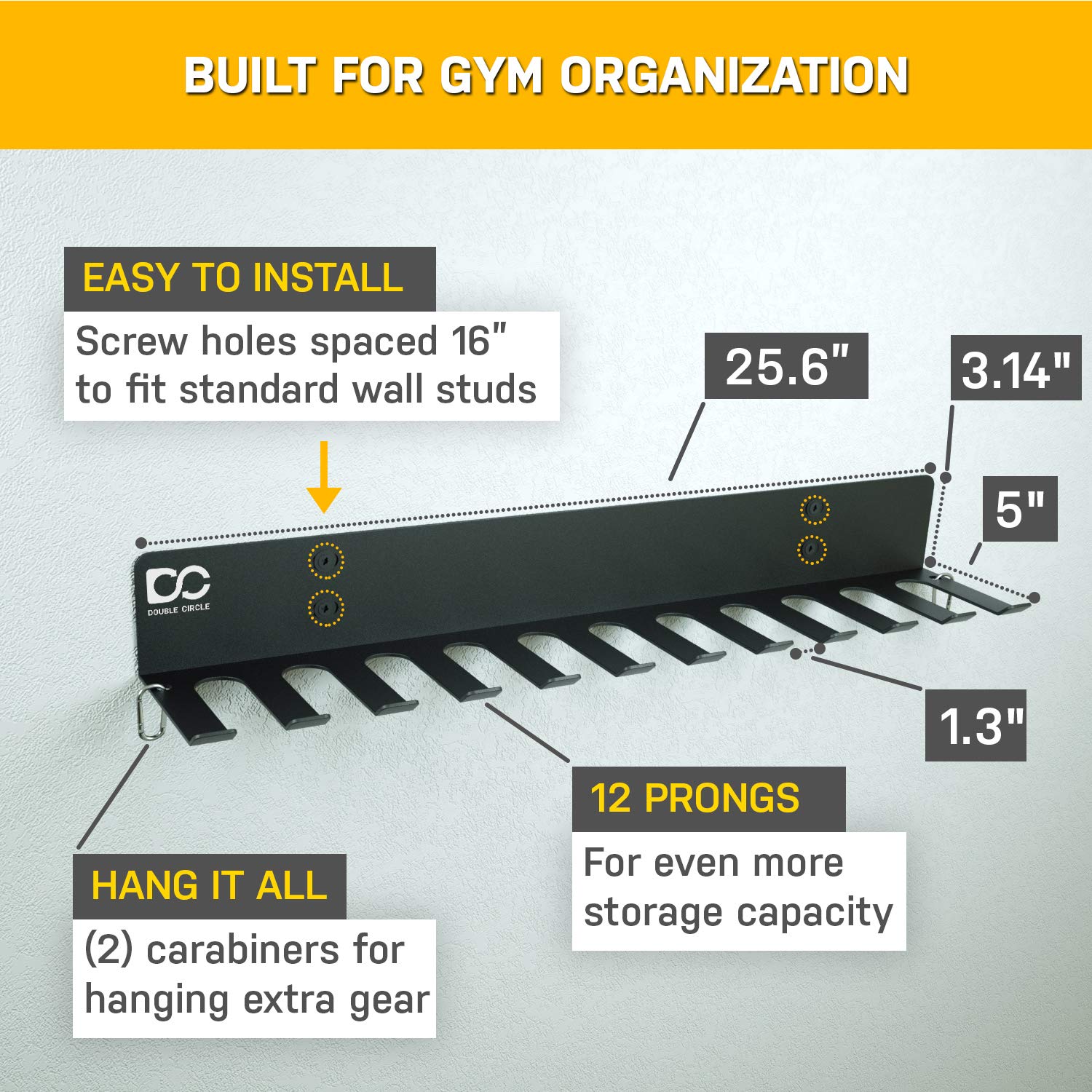 Double Circle Gym Storage Rack with 12 Hooks, Multi Purpose Gym Equipment Wall Rack Hanger for Pro Home Gym Storage for Exercise Bands, Barbell Bars, Jumprope (Hardware Included)