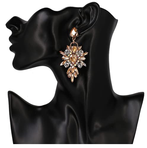 Extra LARGE Antique Retro Art Deco Vintage Style Citrine Amber Champagne Topaz Chunky Statement Rhinestone Pageant Drag Queen Bridal Prom Wedding Earrings