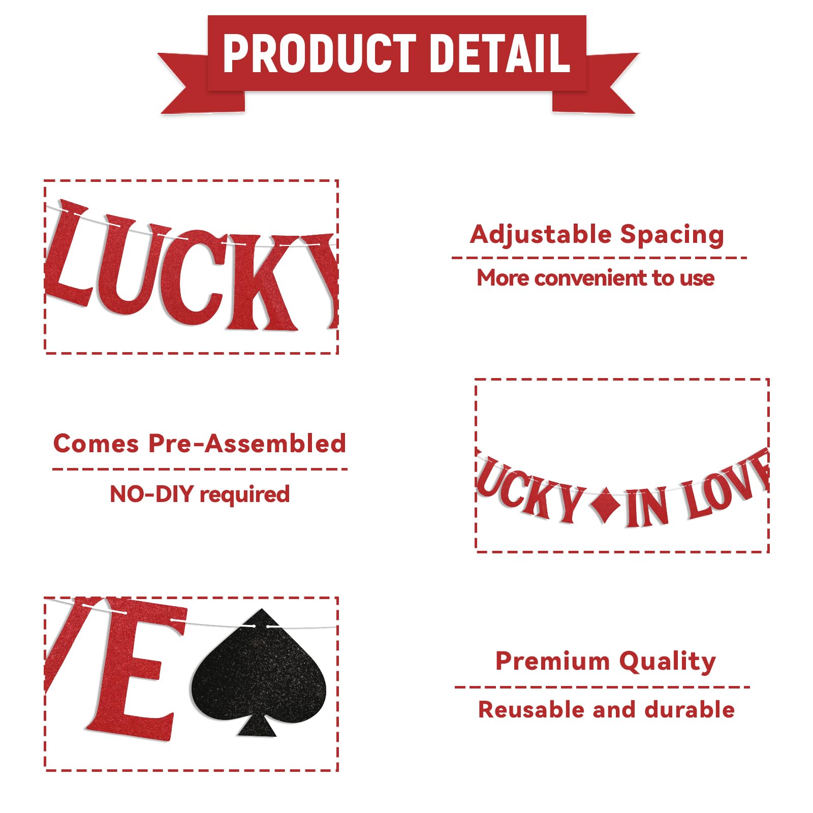 Lucky in Love Banner - Las Vegas Bridal Shower Decor, Casino Theme Blackjack Game Night Wedding Engagement Bachelorette Party Decorations Red Glitter