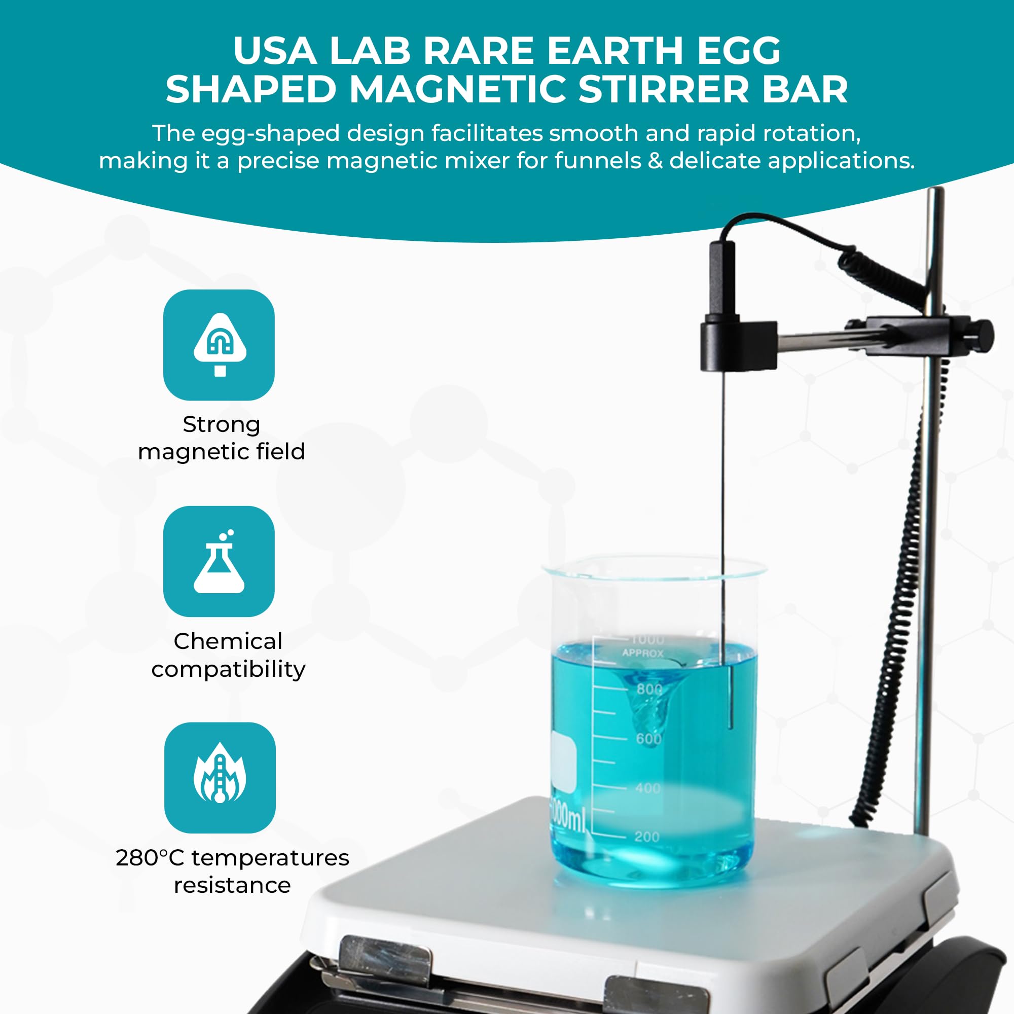 USA Lab Rare Earth Egg Shaped Magnetic Stirrer Bar with Teflon Coat Finish, 280°C High Temperatures Resistance Magnet Mixer Stir Bar for Physics, Chemistry and Biology Labs - 20mm x 64mm