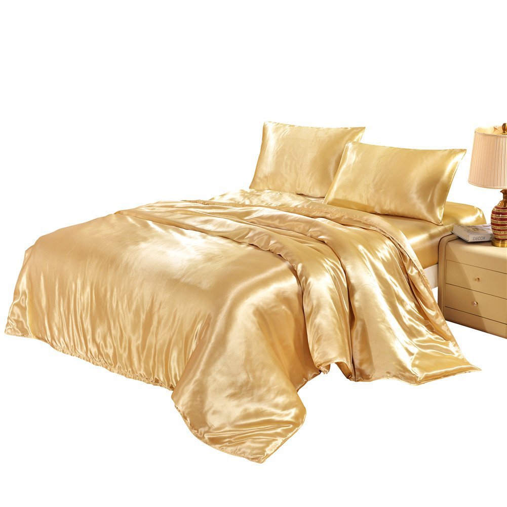 Vagasi Gold Duvet Cover Set Queen Size 3 Pieces - Comforter Cover Super Soft with 2 Pillow Shams - Satin Bedding Set Breathable & Smooth with Zipper Closure
