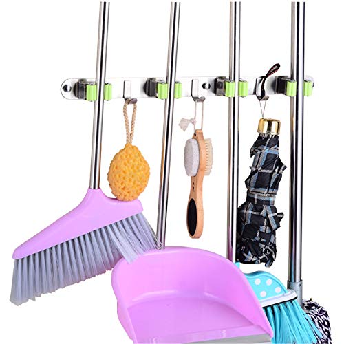 IHIPPO Broom Mop Holder Broom Mop Holder Wall Mount Stainless Steel Tool Hanger Organizer for Home Kitchen Garden Garage Laundry Organization and Storage 4 Racks 3 Hooks for Toilet Garage