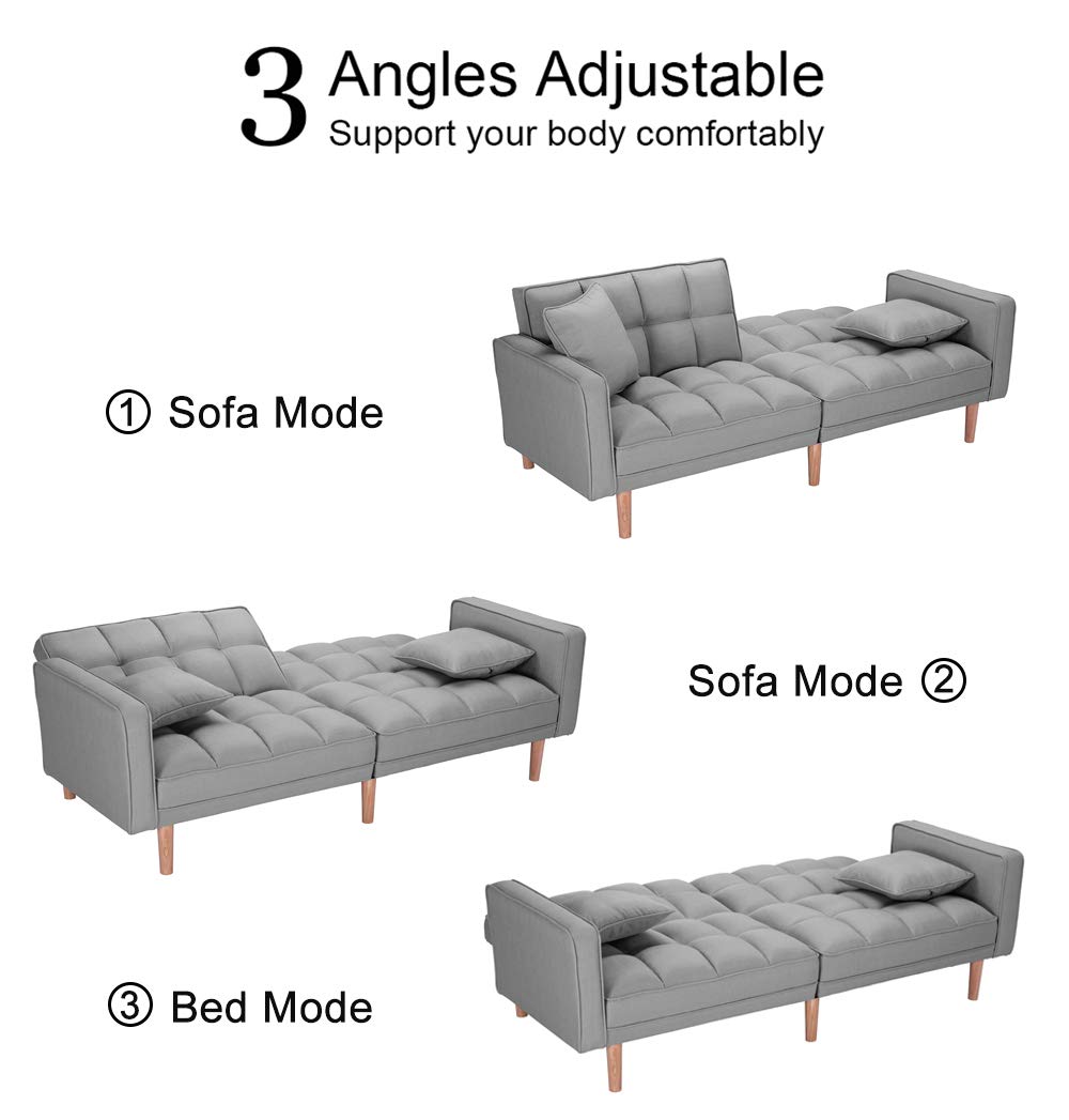 SLEERWAY Modern Futon Sofa Bed, Convertible Sleeper Sofa with Armrests and 2 Pillows, Recliner Couch with 5 Solid Wooden Legs, Twin Size Sofa for Living Room Handpicked Fabric (Light Grey)