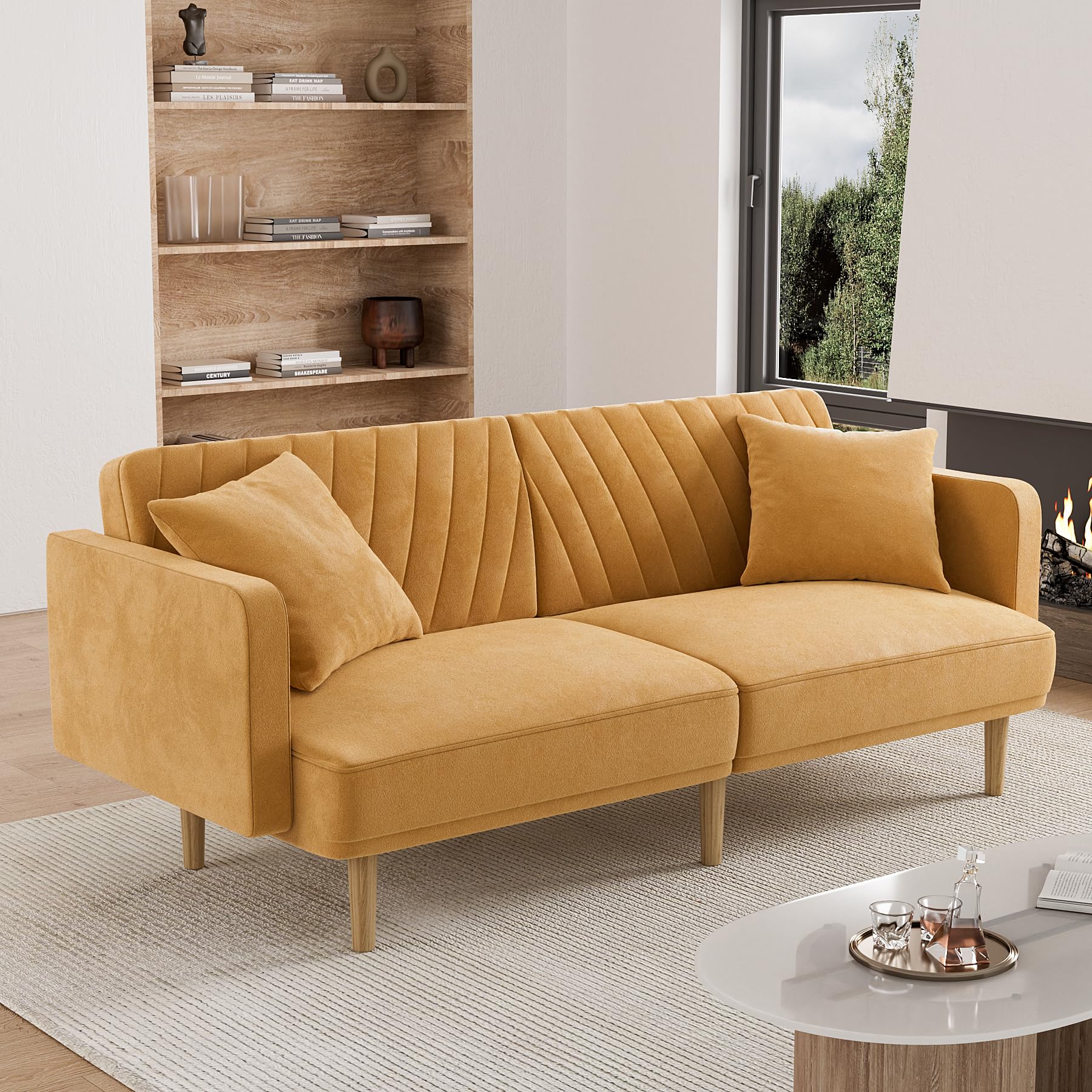 OUYESSIR Futon Sofa Bed, 75.3", Couch, Small Sofa, Sleeper Sofa, Loveseat, Mid Century Modern Velvet Futon Couch with 2 Pillows for Living Room (Yellow Velvet, Futon)
