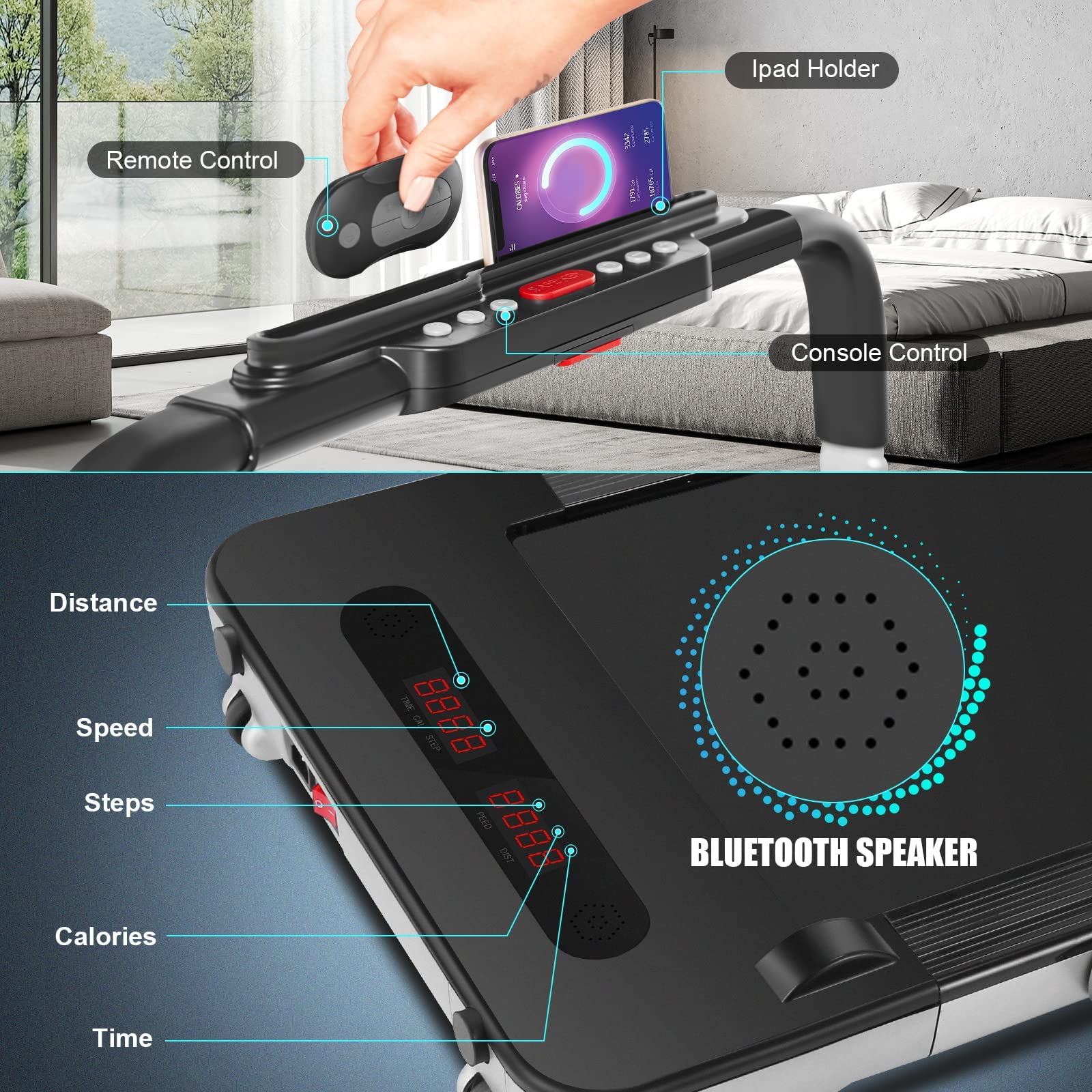 FUNMILY 2 in 1 Under Desk Treadmill, Folding Electric Treadmill with Remote Control,12 Preset Programs, and LED Display Compact Treadmill Walking Pad Running Machine for Home Office Small Space Black