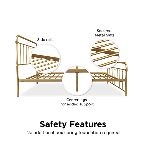 DHP Winston Metal Platform Bed with Rustic Design and Curved Edge Headboard and Footboard, Adjustable Base Height for Underbed Storage, No Box Spring Needed, Queen, Gold