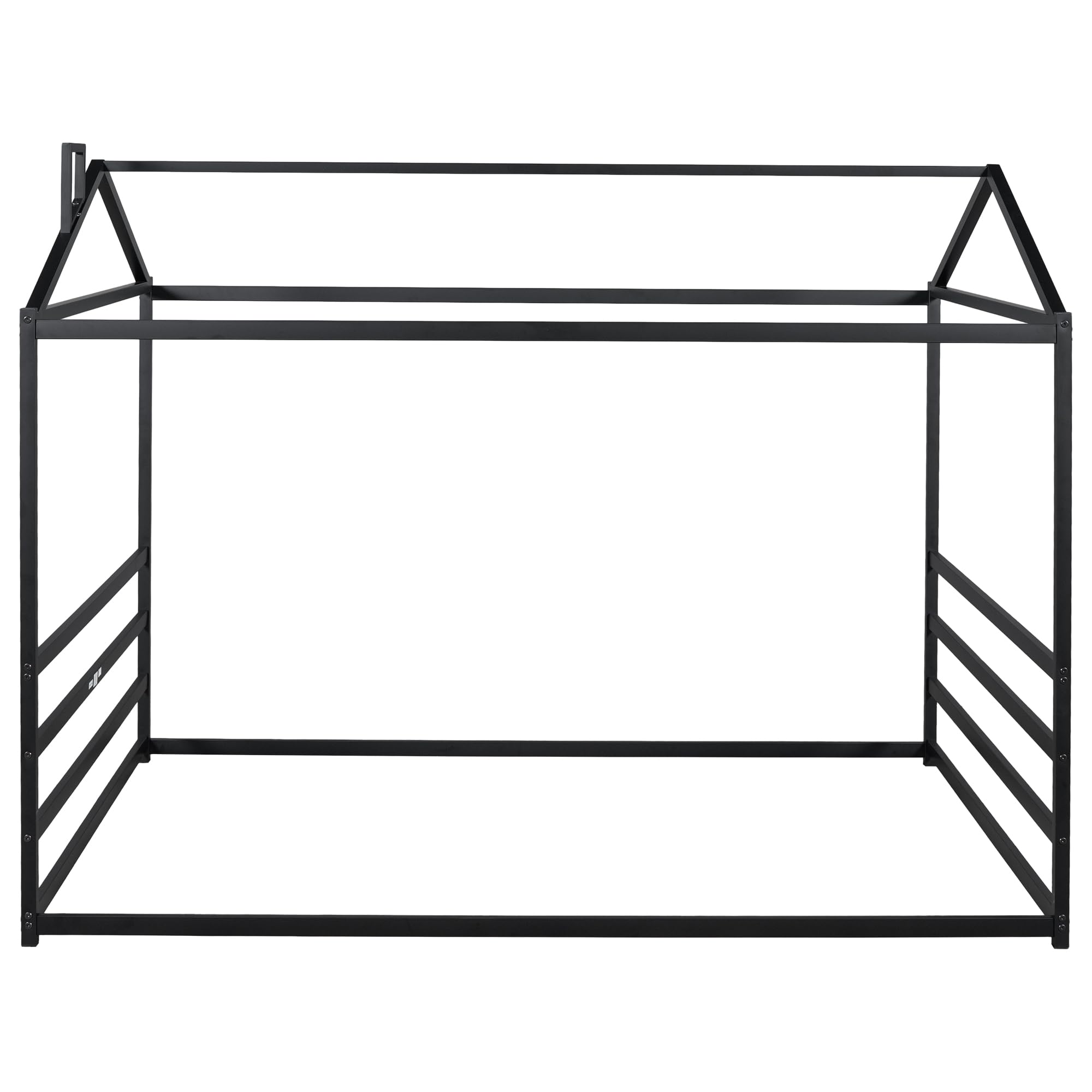 Merax Queen Size Metal House Bed with Roof, Floor Beds with Sturdy Steel Bedframe for Boys and Girls, No Box Spring Needed, Black