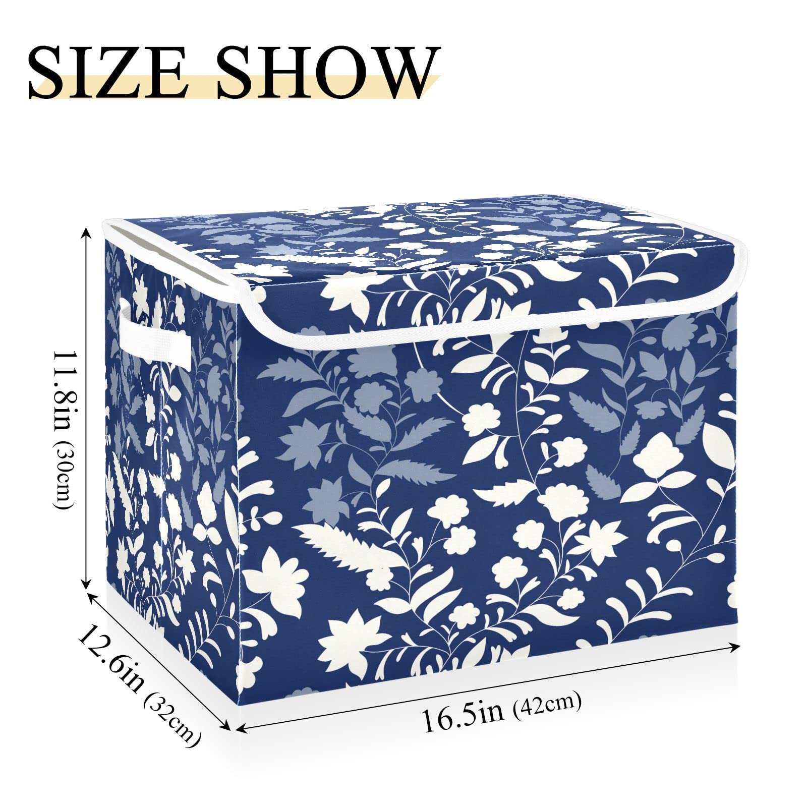 Flradish Blue and White Flowers Collapsible Storage Box with Lid Closet Organizer with Handle Washable Stackable