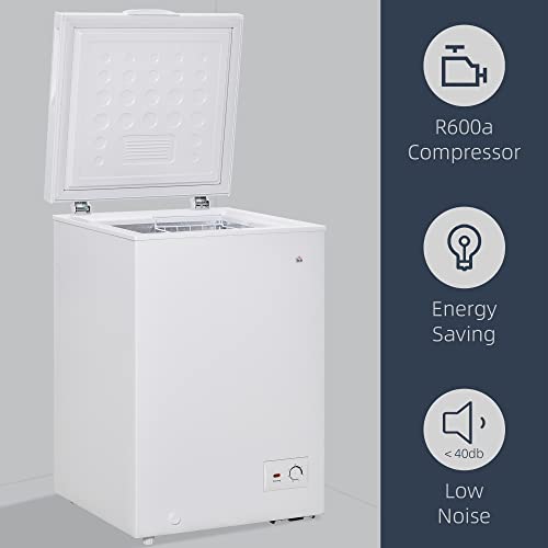 HOMCOM Compact Chest Freezer 3.5 Cubic Feet with Removable Basket, Mini Deep Freezer with Single Door 7 Temperature Setting, Drain Hole for Apartment, Kitchen, or Home Office, White
