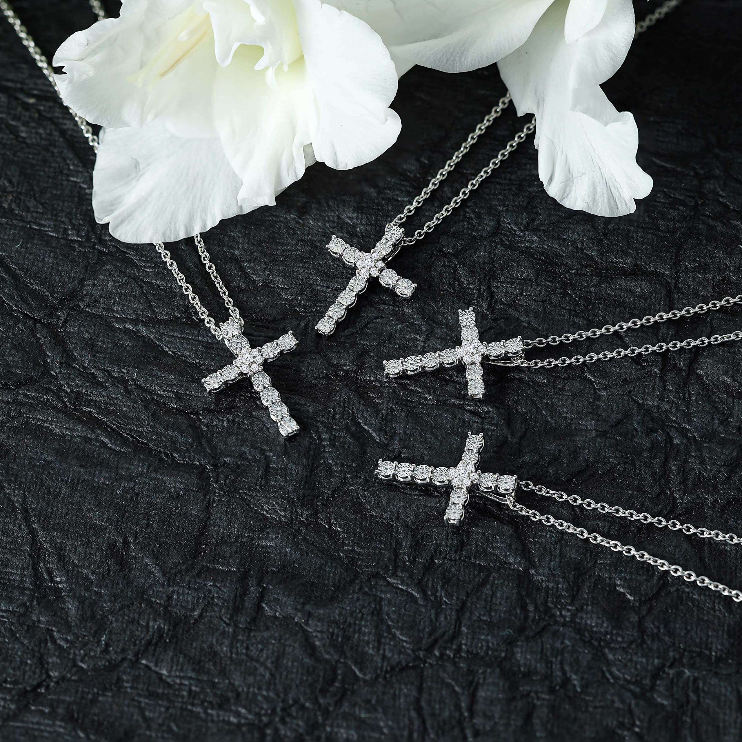 Elmas Round White Diamond Accent 925 Sterling Silver Cross Pendant Necklace for Women