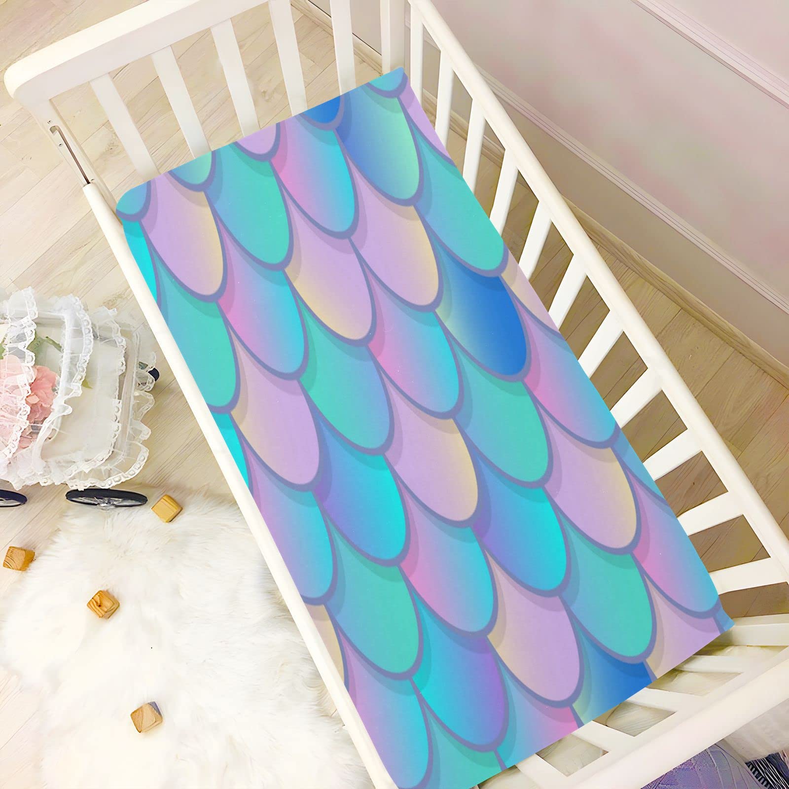 Kigai Sea Mermaid Scale Stretchy Fitted Crib Sheets Soft and Breathable Portable Crib Mattress Topper for Boys and Girls 28x52 in