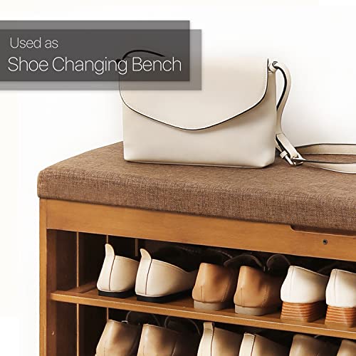 MoNiBloom Bamboo 2 Tiers Shoe Rack Organizer Changing Stool Bench with Flip-Open Storage Box Padded for Hallway, Bathroom, Bedroom - Brown (6-10 Pairs)