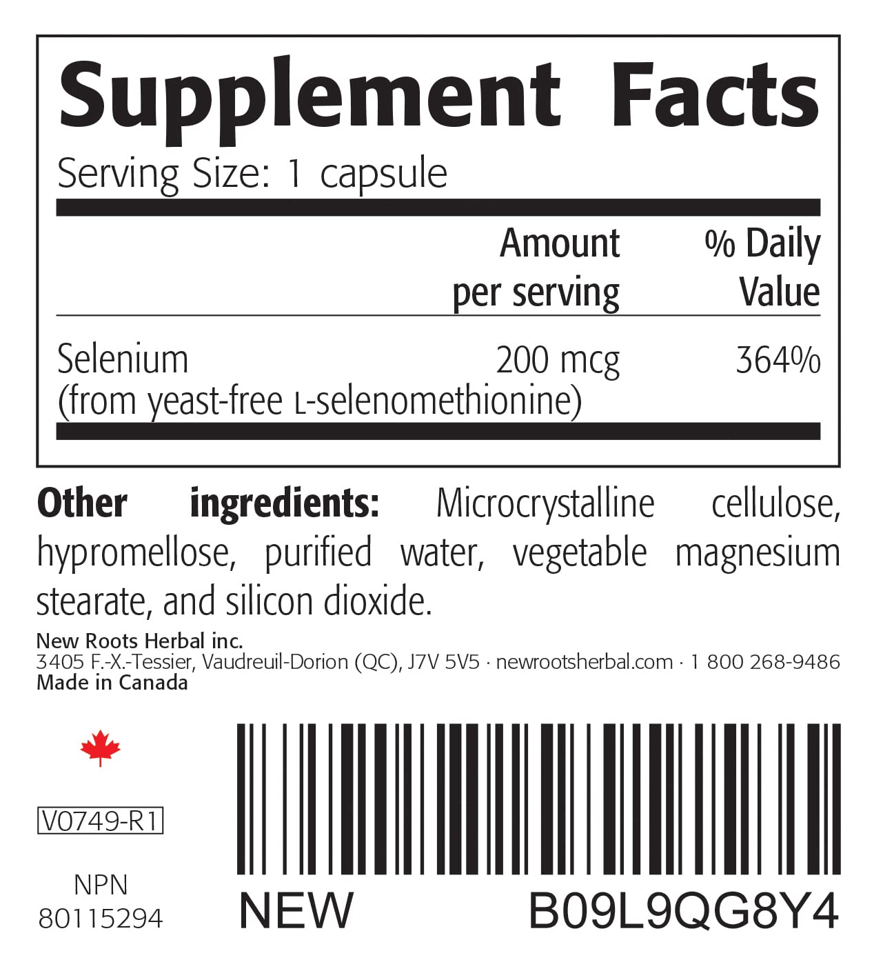 New Roots Herbal Selenium 200mcg Extra Strength (60 Veg Caps) - Thyroid, Prostate and Heart Health - Essential Trace Mineral.