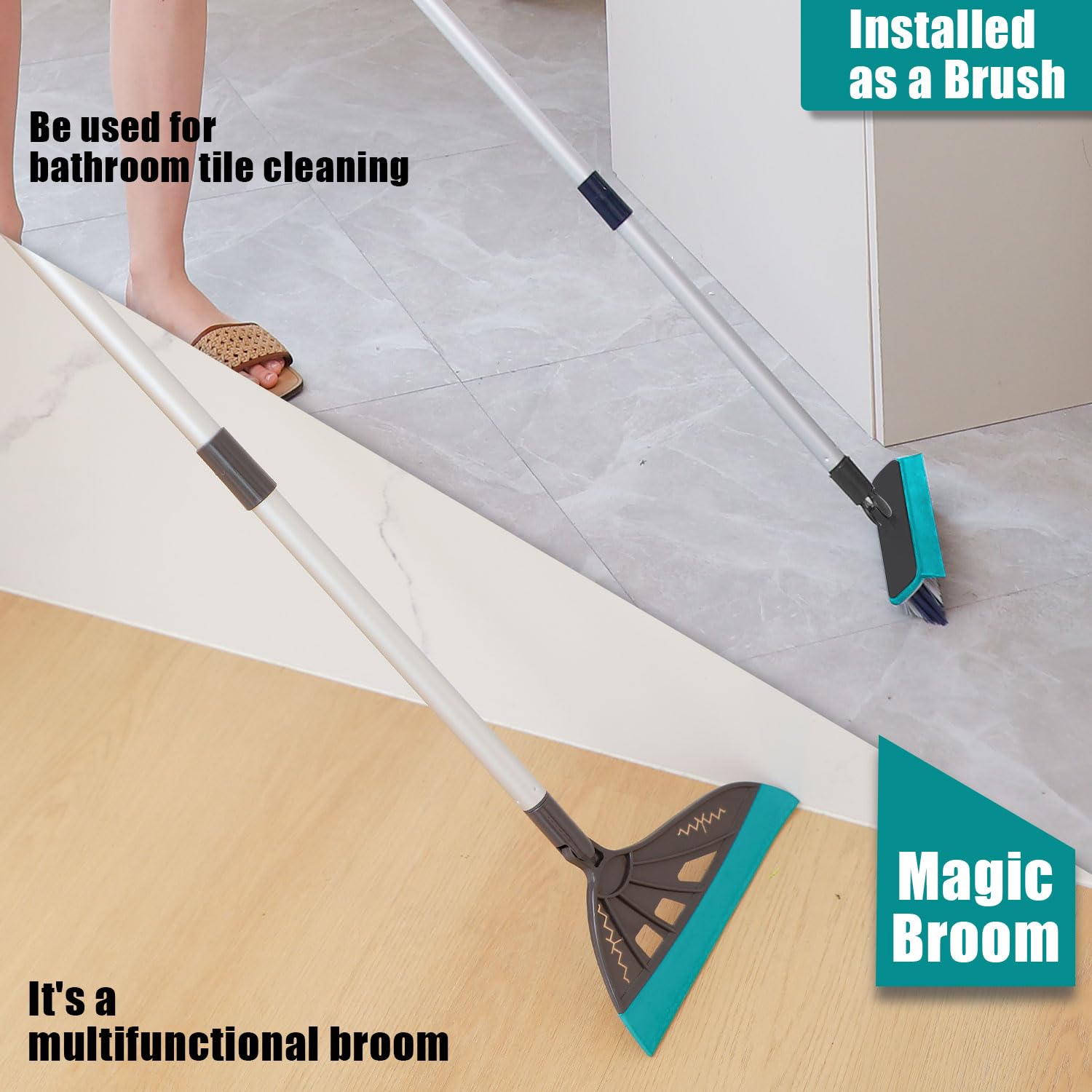 Magic Broom with V-Shape Brush, 2 in 1 Squeegee Broom for Floor Cleaning, 60β Long Handle Silicone Broom Sets to Clean pet Hair, Ketchup, Glass Shards (Grey)