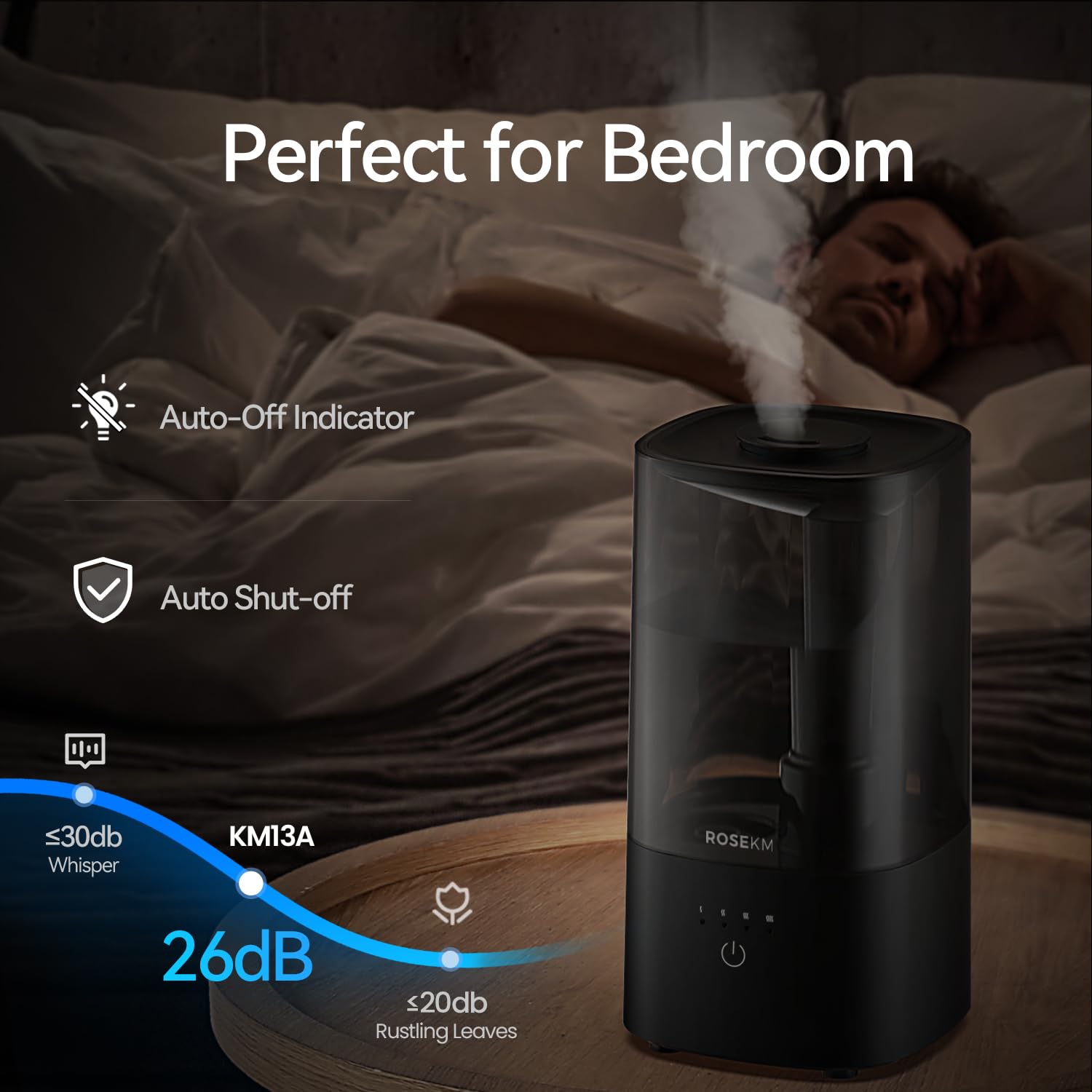 ROSEKM Cool Mist Humidifiers for Bedroom, 2.0L Small Humidifier for Baby and Plant, Last Up to 10H on Max Mist Setting, Auto Shut-Off, Auto-Off Indicator, 360ยฐ Nozzle (Black)